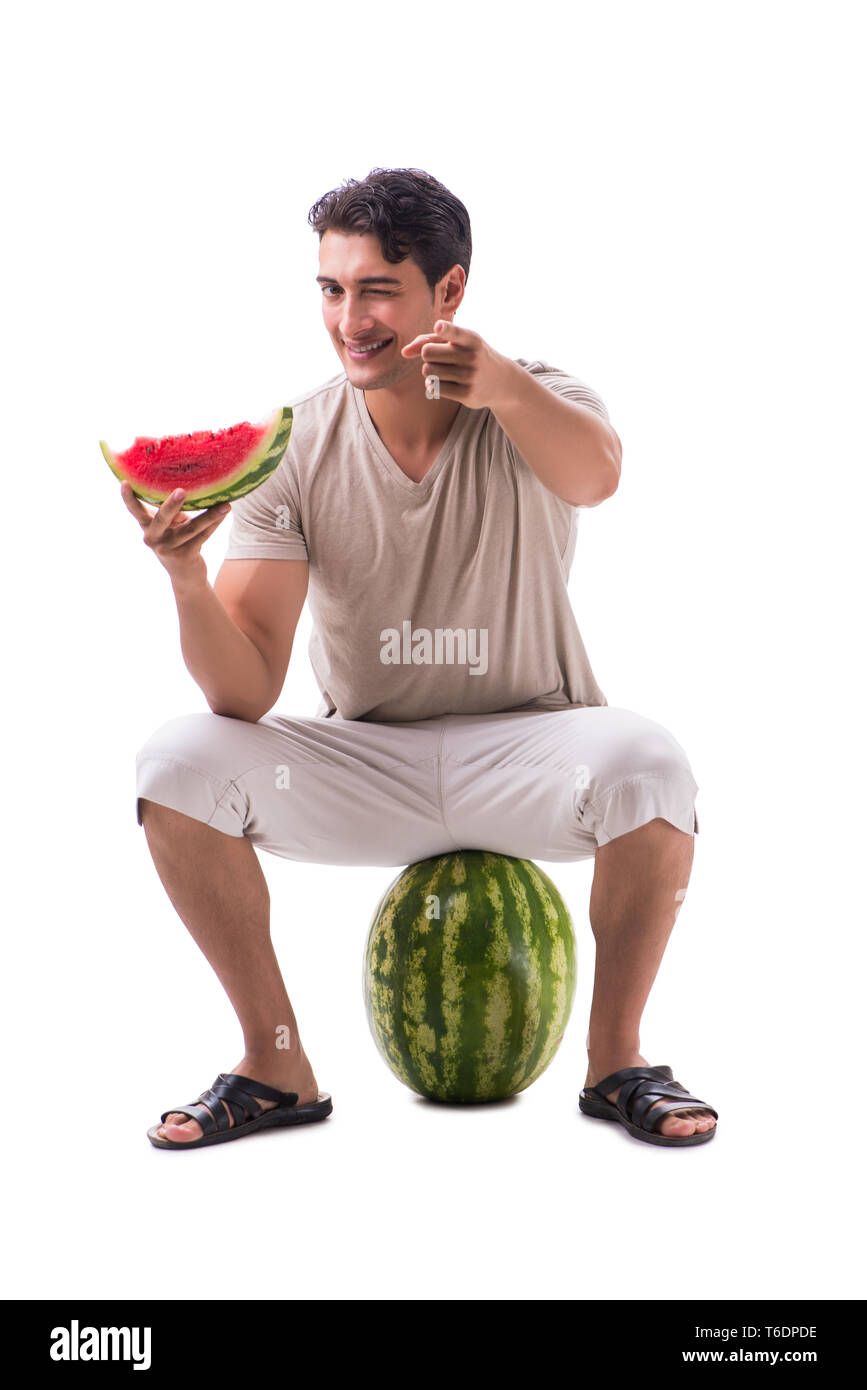 Young man with watermelon isolated on white Stock Photo - Alamy