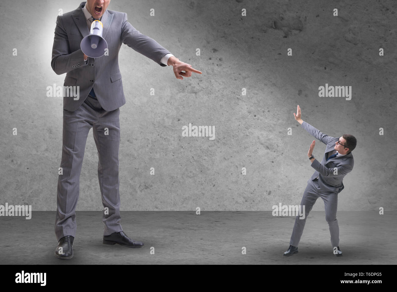 Bad angry boss shouting at employee with loudspeaker Stock Photo - Alamy