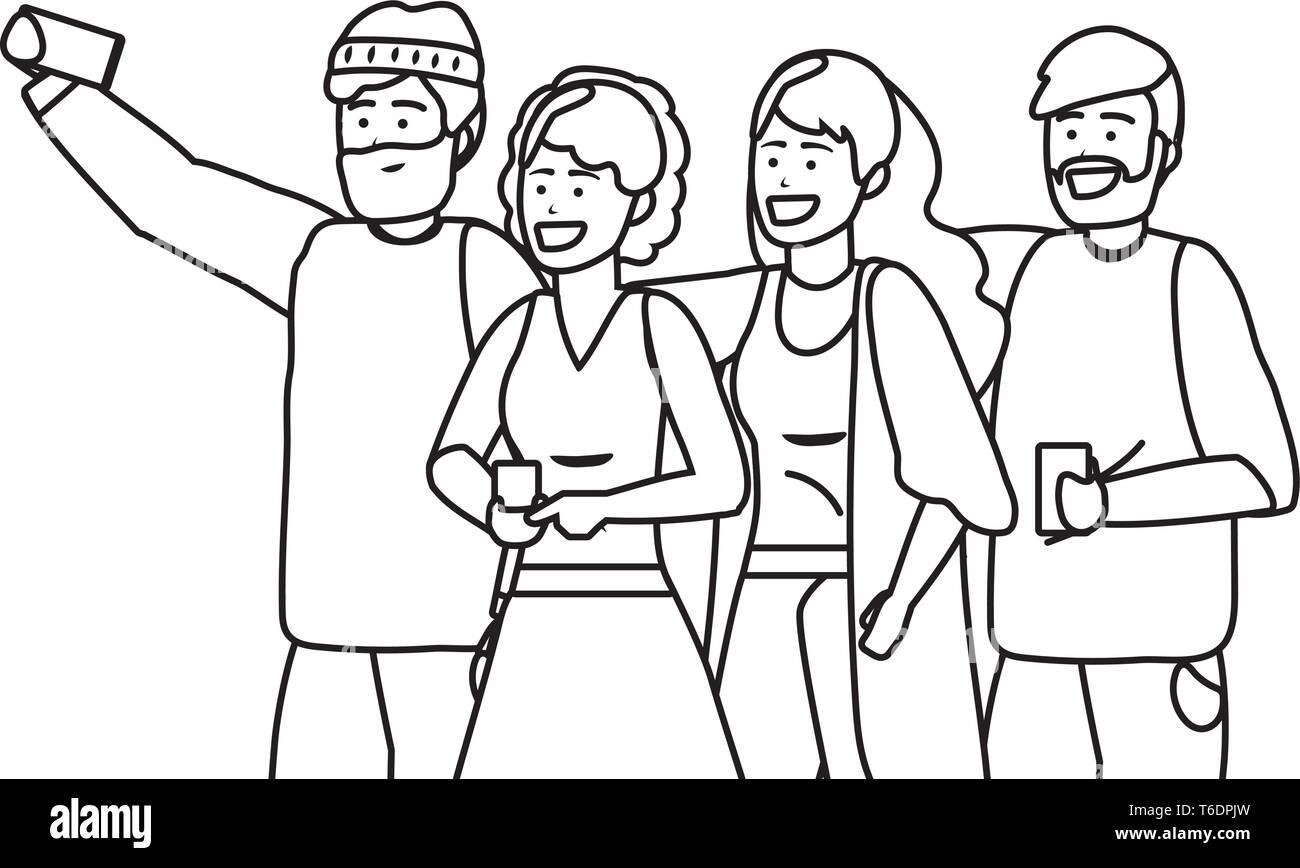 Millennial group using smartphone taking selfie posing together smiling ...