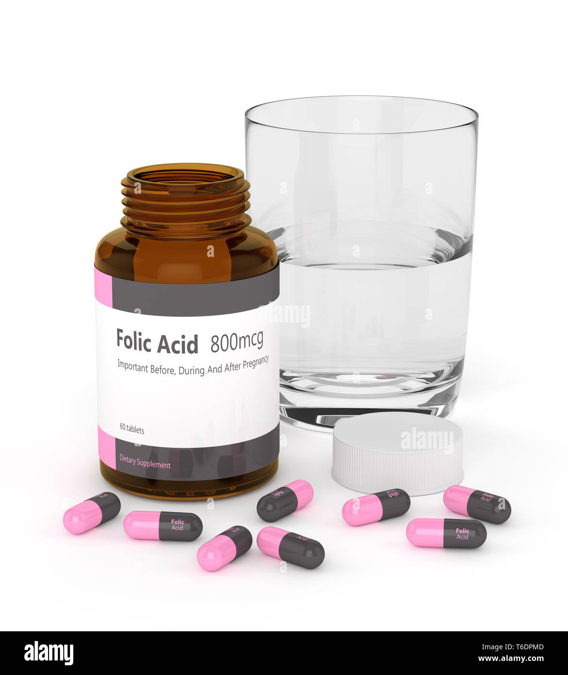 3d render of folic acid with pills and glass of water isolated over ...