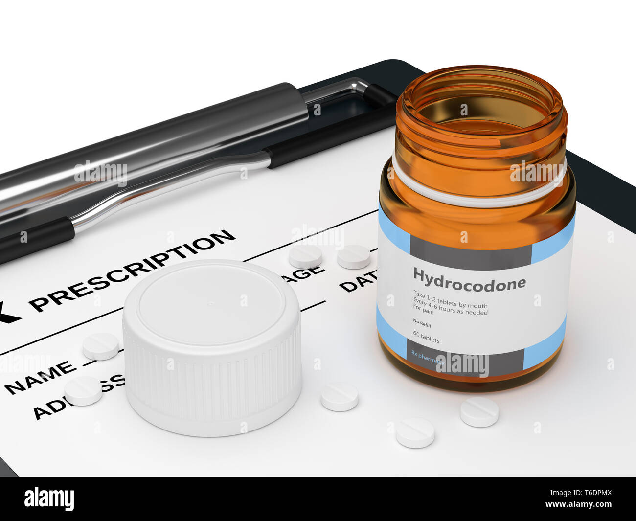 3d render of hydrocodone bottle with pills. Analgesic organic chemical ...