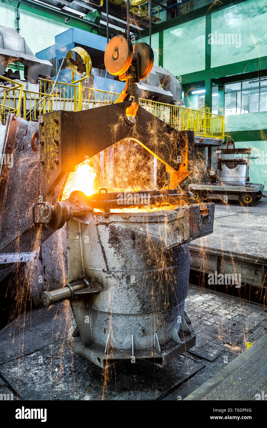 Molten steel being poured into a vessel. Guaramirim, Santa Catarina ...
