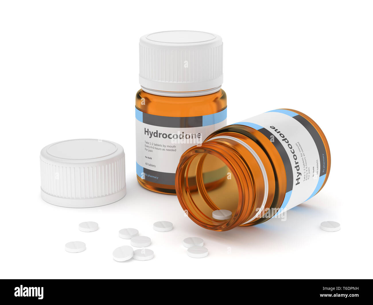 3d render of hydrocodone bottles with pills. Analgesic organic chemical ...
