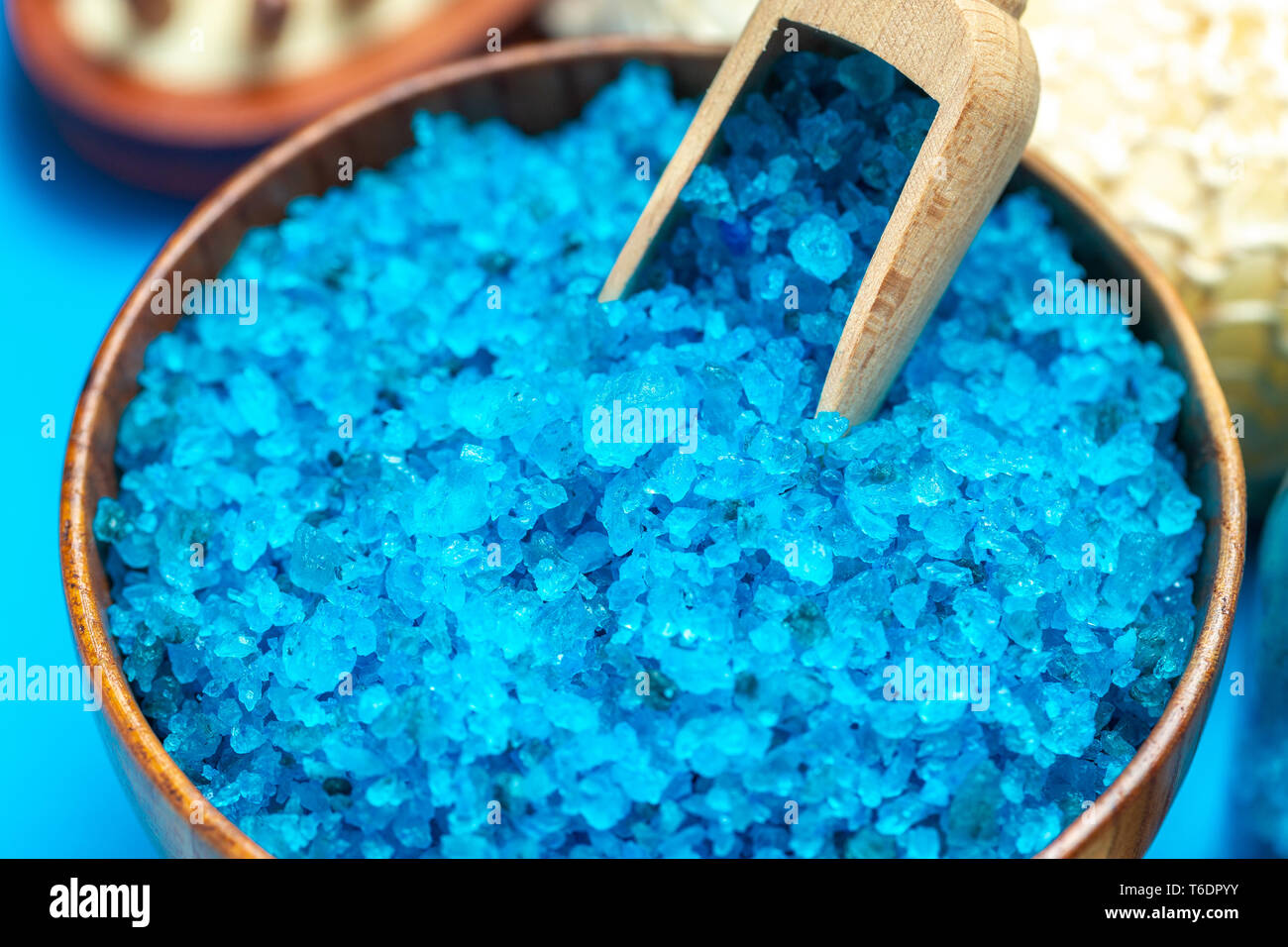 Spa setting with blue bath salt, macro shoot of blue salt Stock Photo ...