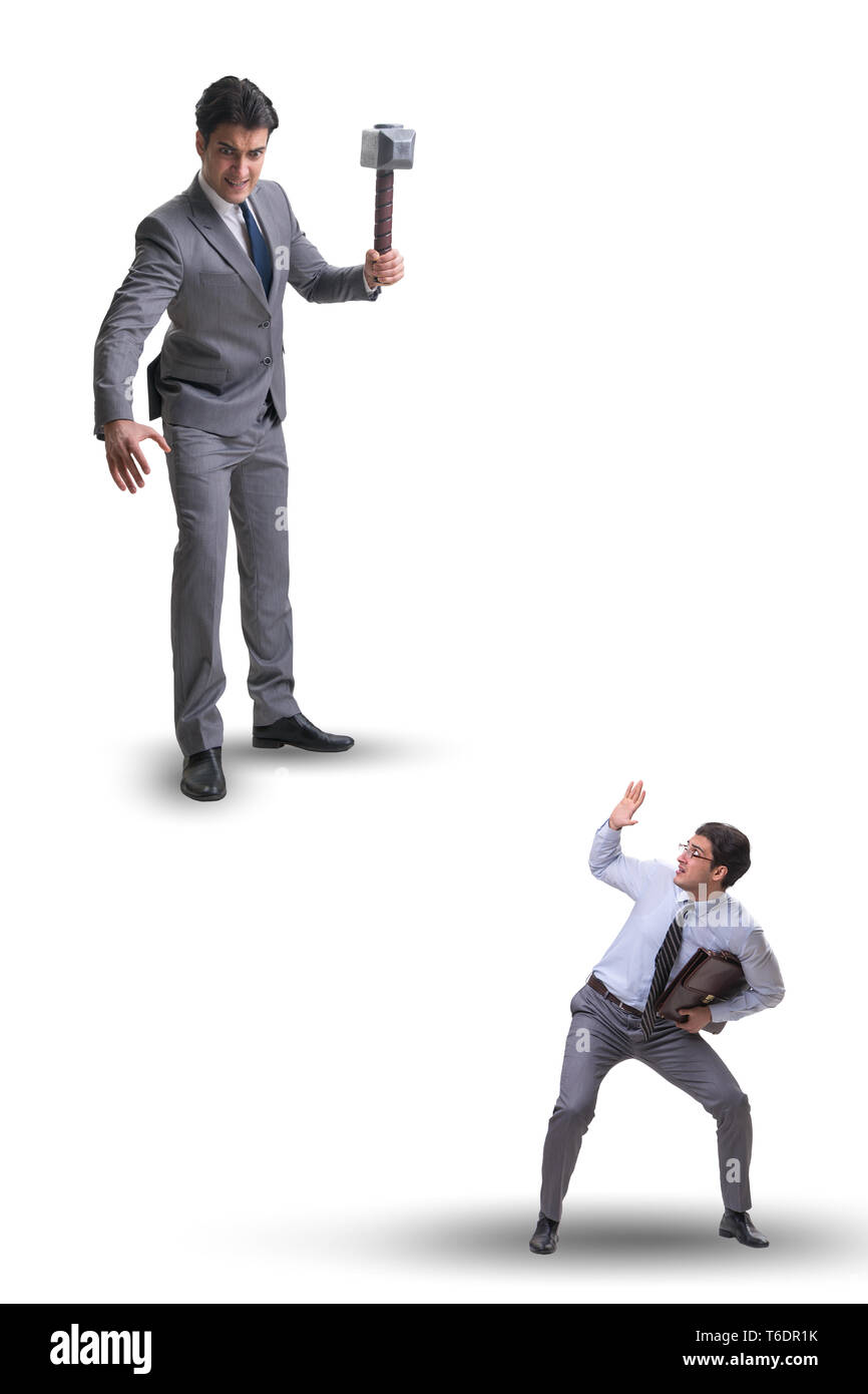 Bad angry boss threatening employee with hammer Stock Photo - Alamy