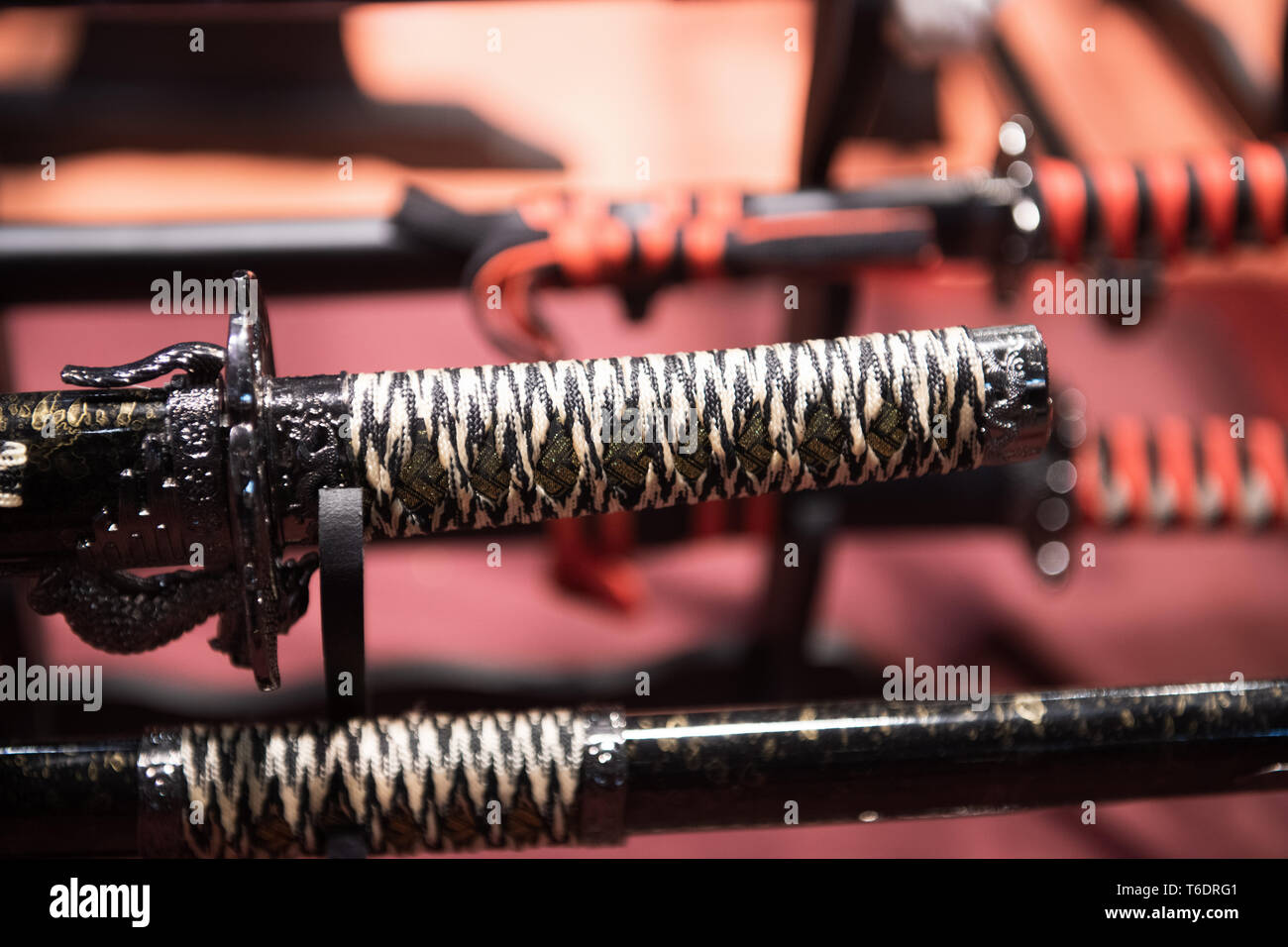 Detail of katana sword handle exhibition in shop shelf Stock Photo - Alamy