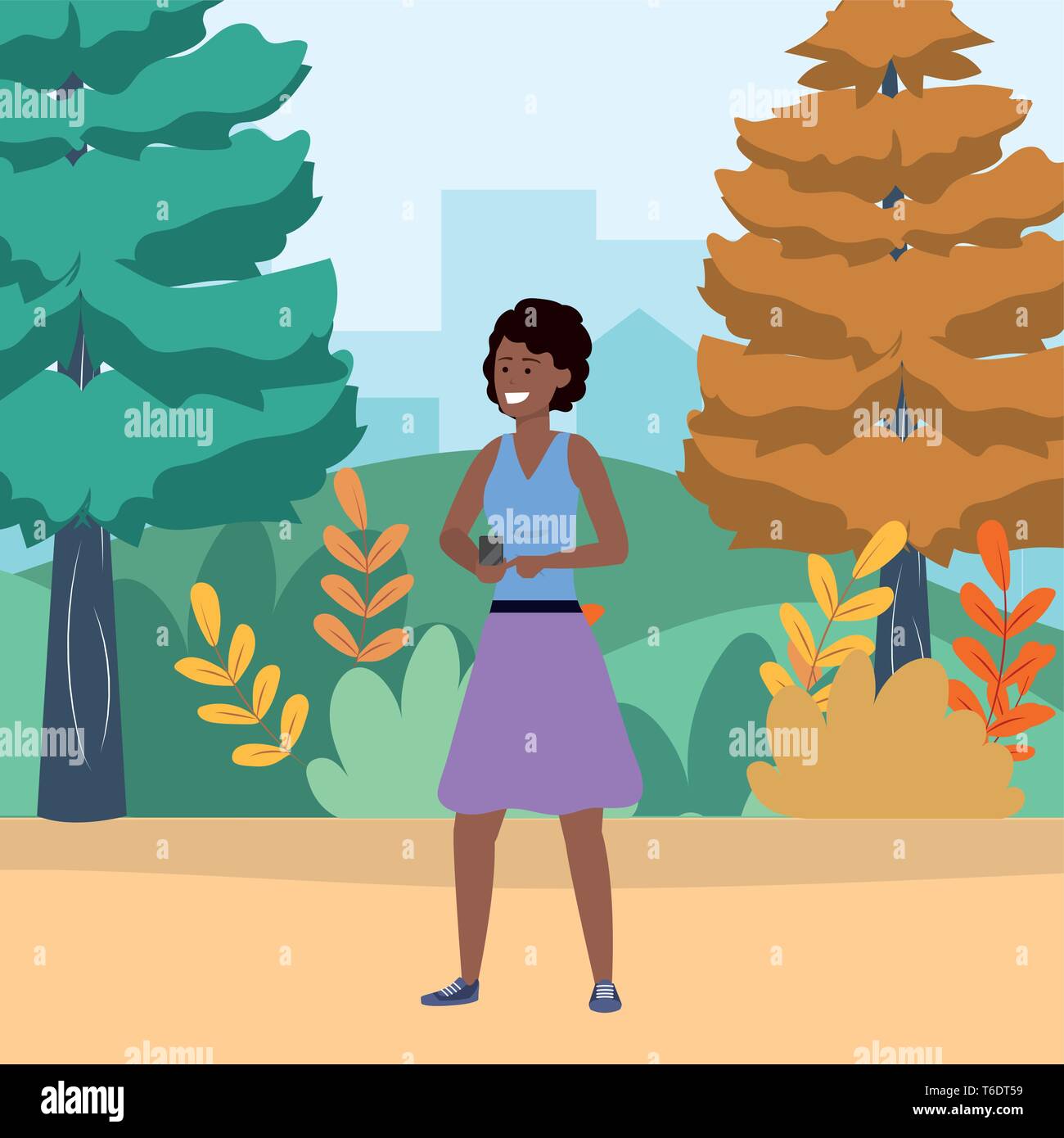 Millennial smiling using smartphone browsing apps texting afro skirt ...