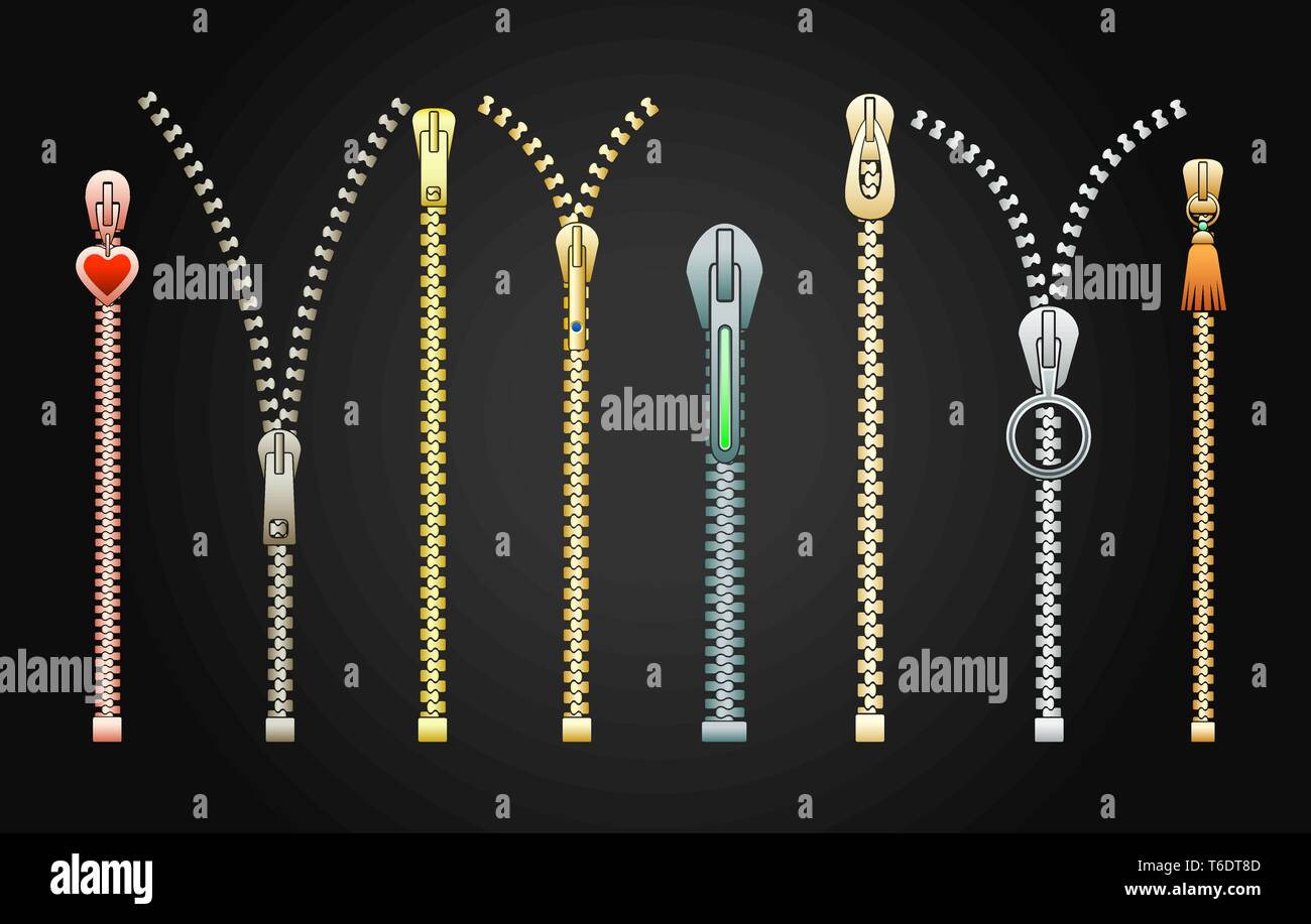 Clothes zips. Metal zip accessory fasteners, zipper buckle fashion ...