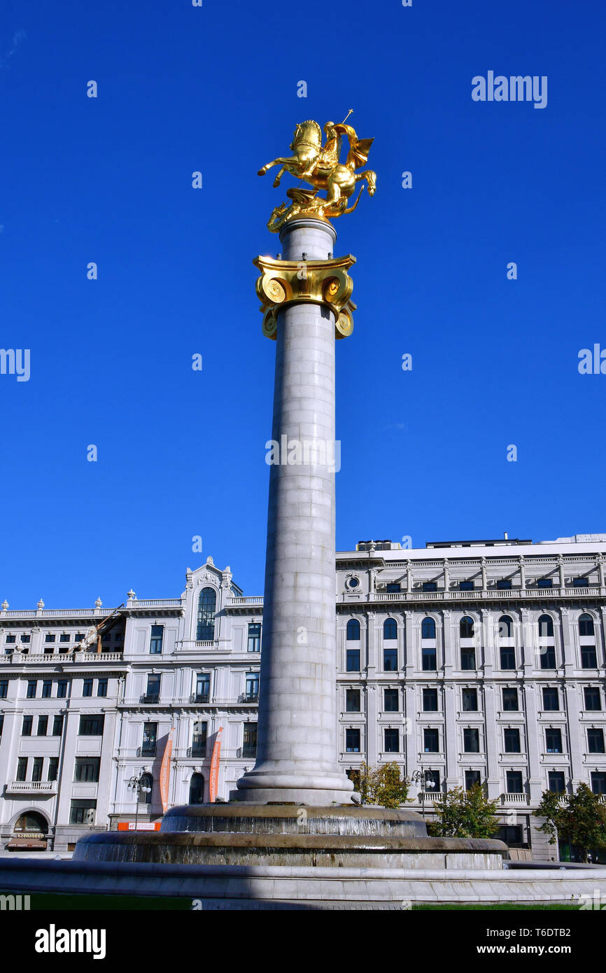 St. George golden statue at Freedom square, Tbilisi, Georgia Stock ...