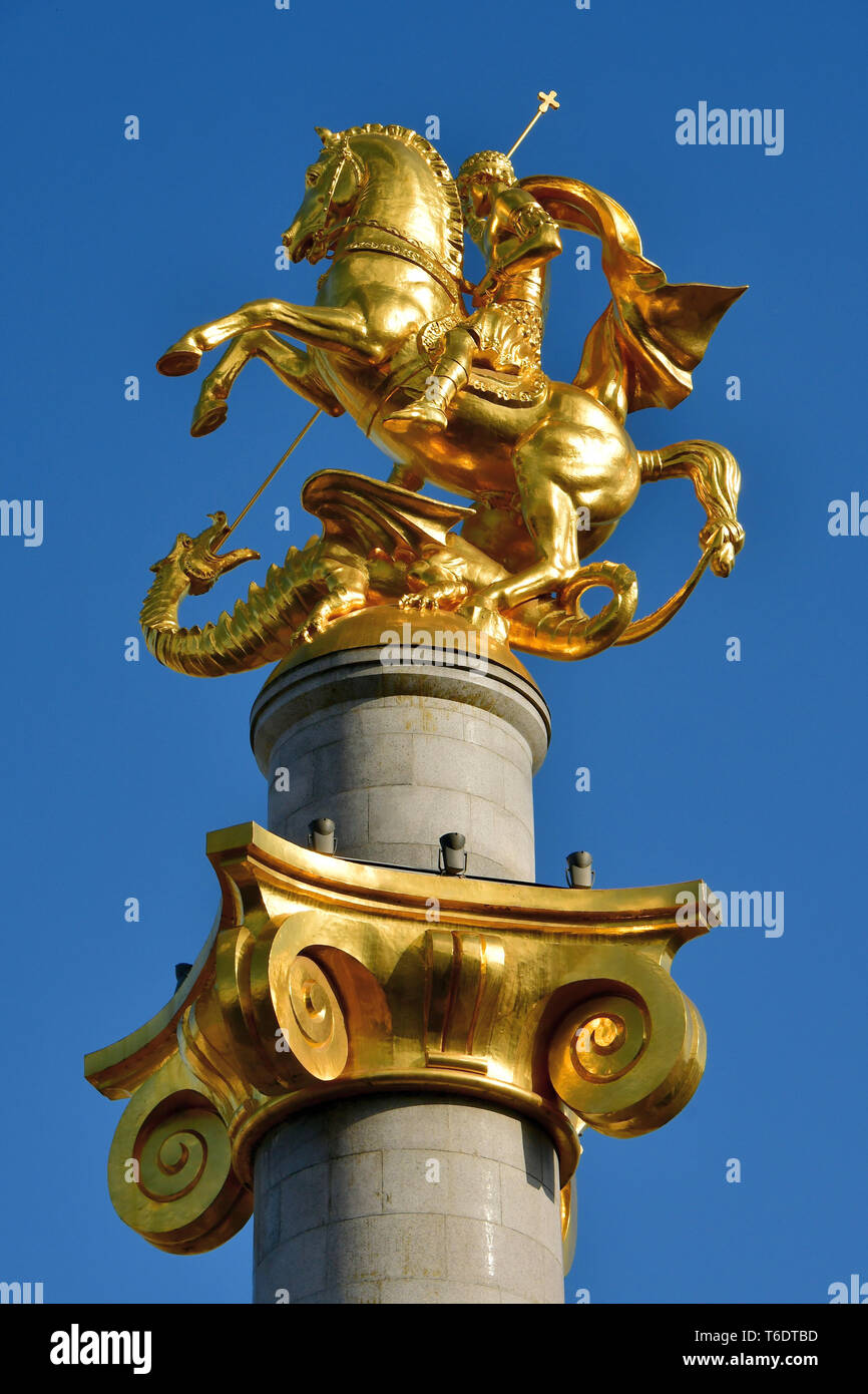 St. George golden statue at Freedom square, Tbilisi, Georgia Stock ...