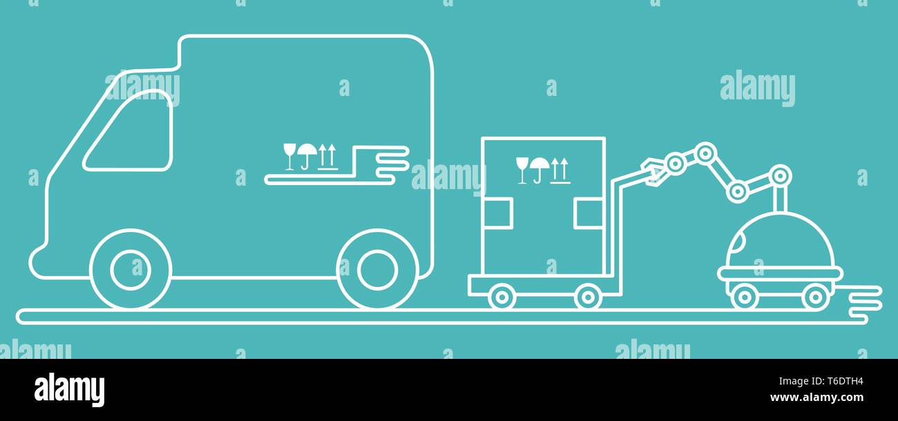 Vector illustration with robot loader loads boxes into a truck ...
