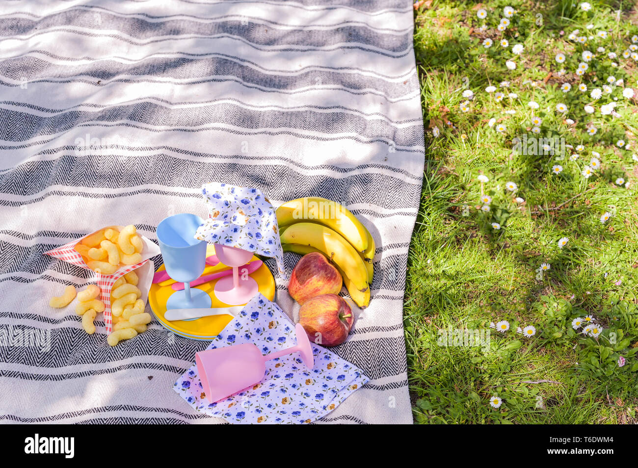 Colored plastic dishes and picnic snacks. Sunny day in the park Stock ...