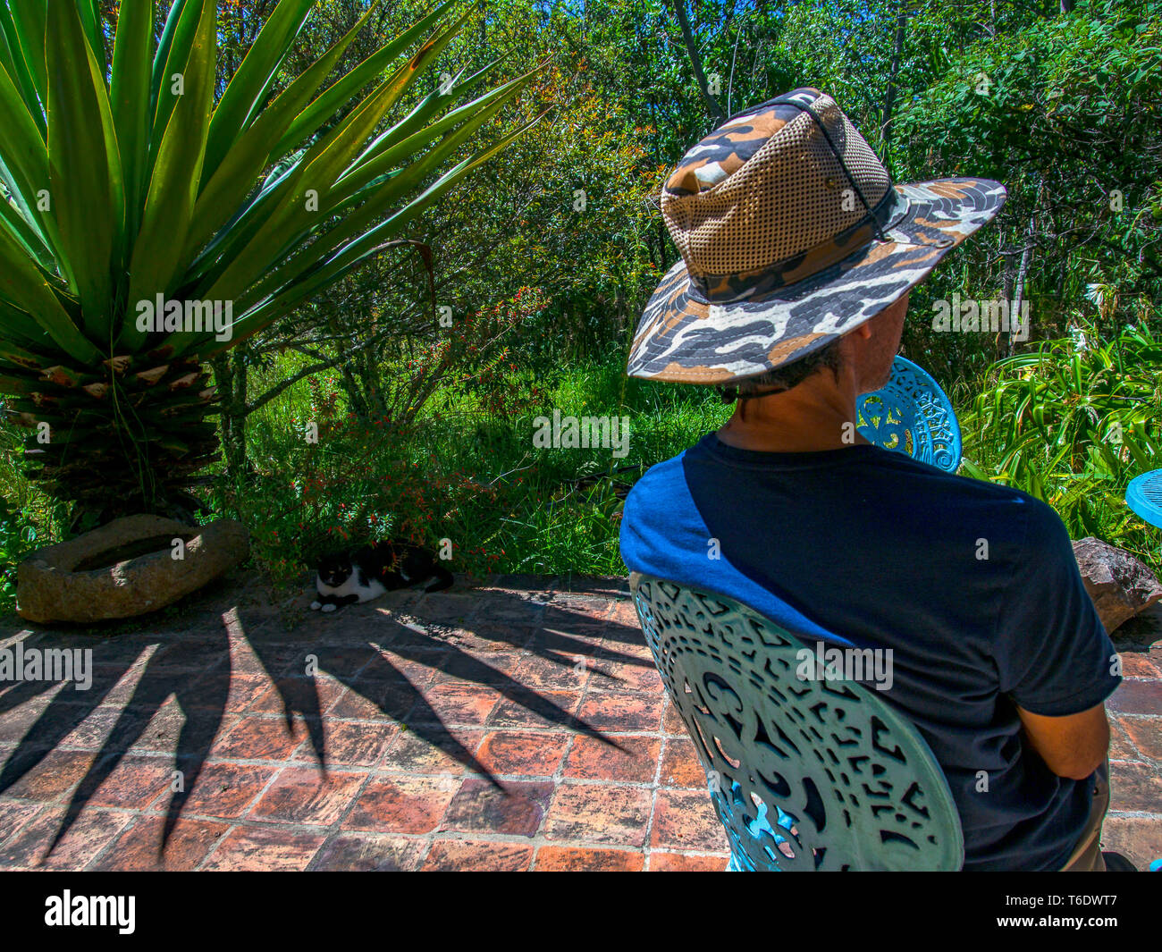 A man with a hat protecting himself from the midday sun at a backyard ...