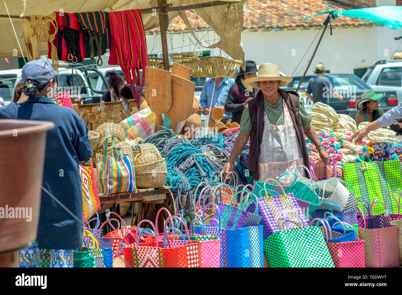 A woman wearing an apron waits customers in her colorful miscellaneous ...
