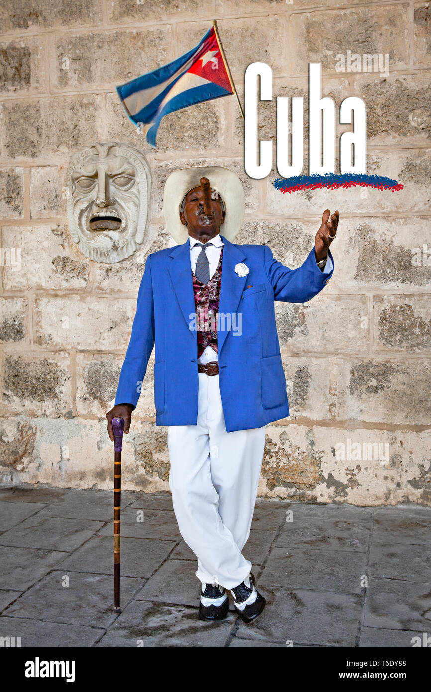 Traditional Cuban man with walking cane posing for photos while smoking ...