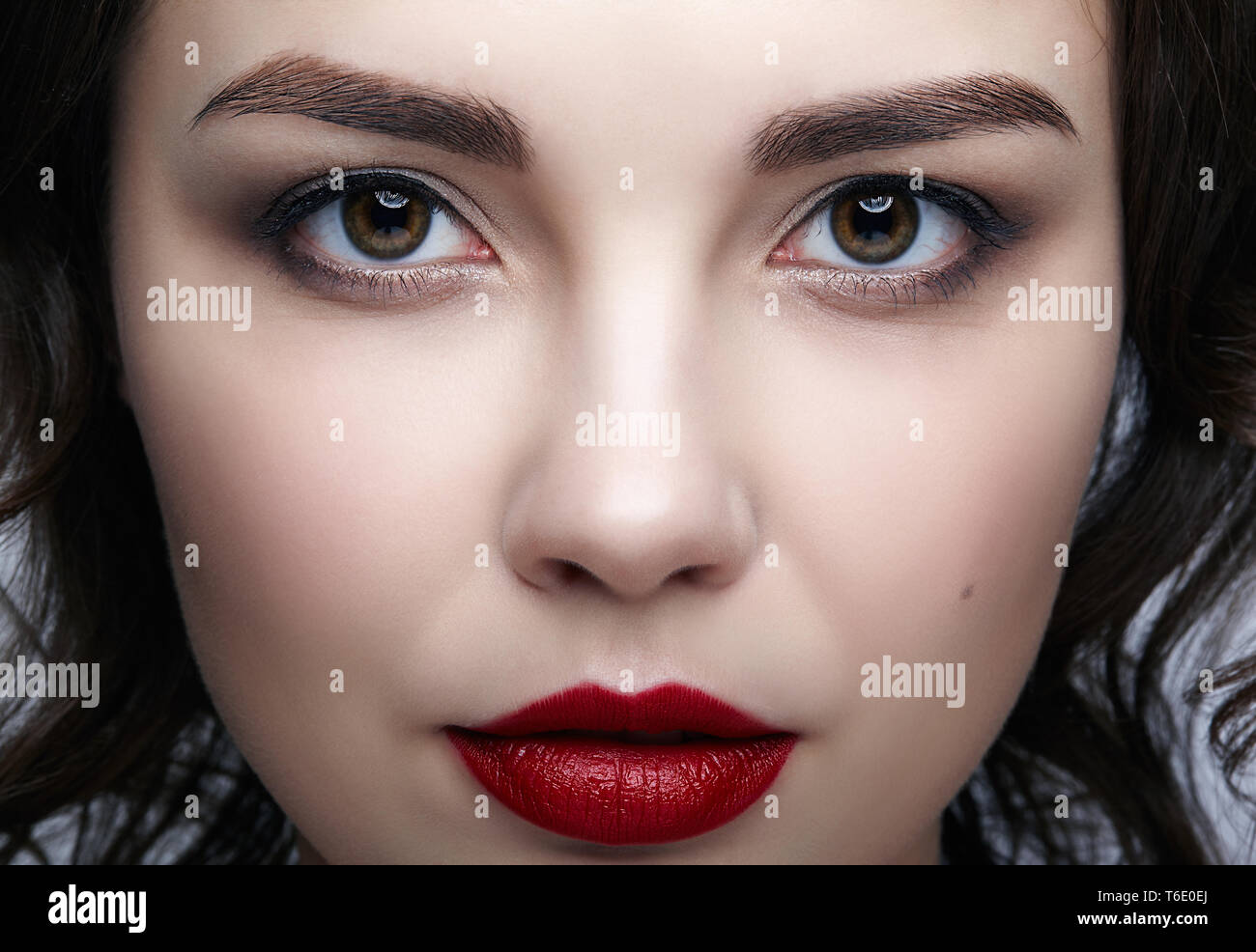 Closeup macro portrait of female face. Human woman face with day beauty ...