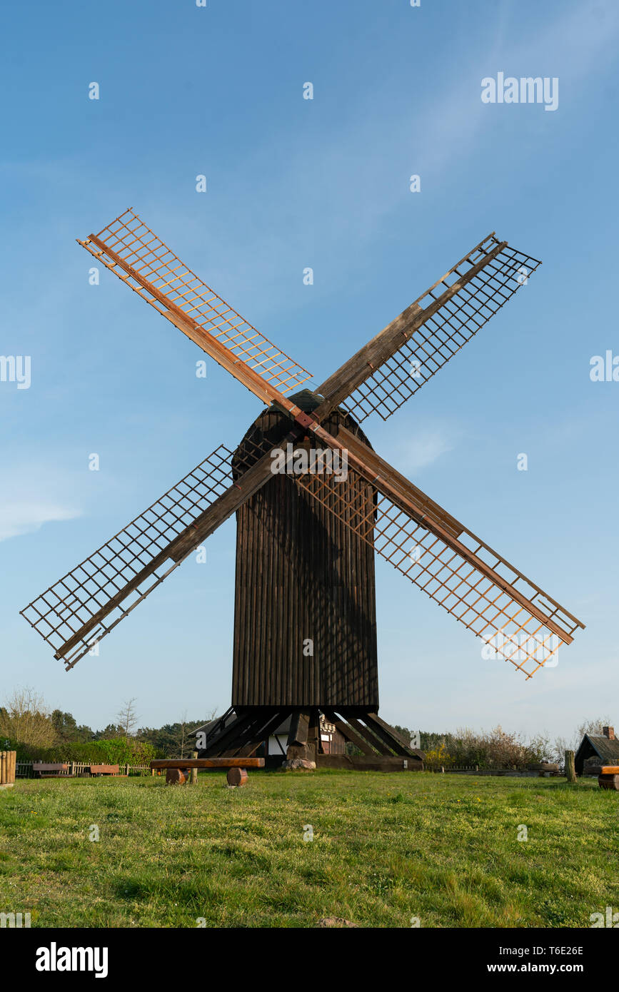 Working wooden bock windmill against a blue skye in Pudagla on the ...