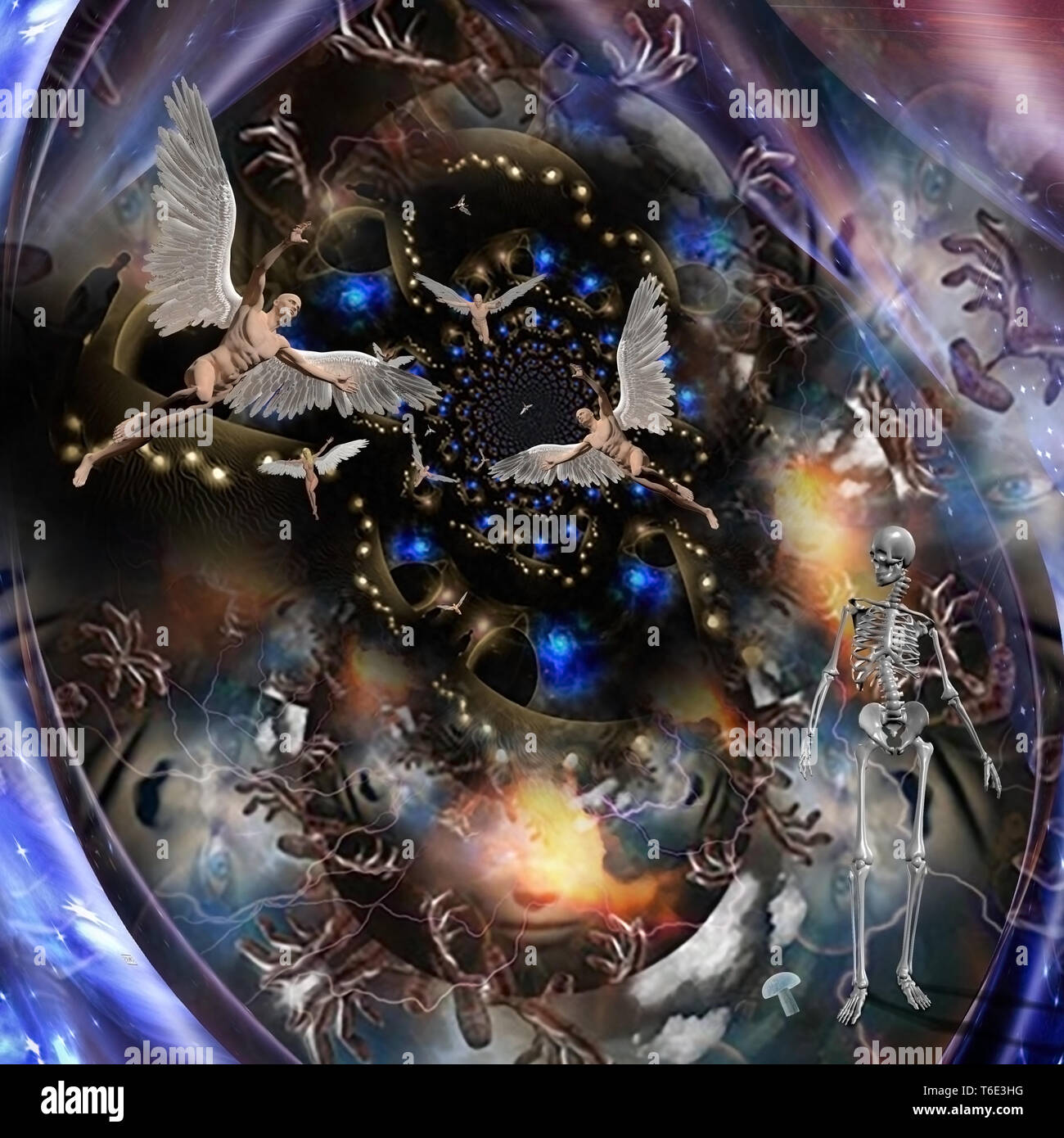 Human skeleton. Men with wings represents angels. Multi layered spaces ...