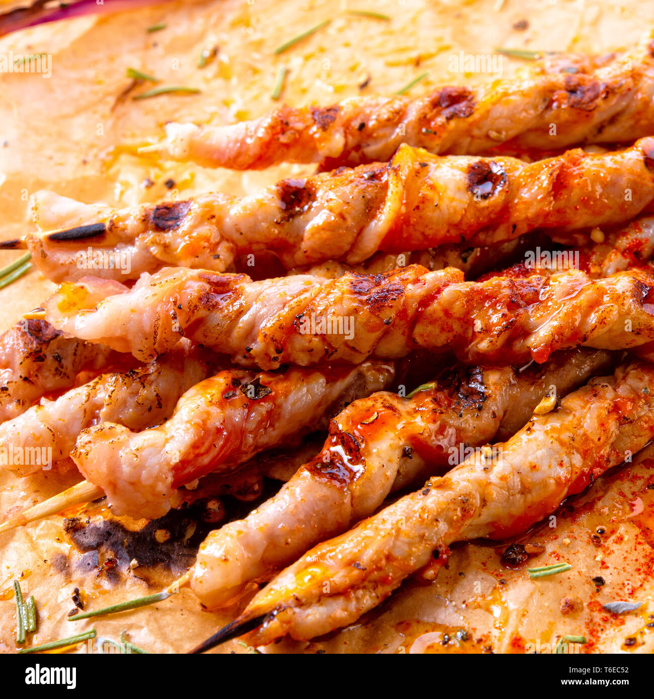 Fresh and crispy rustic pork belly grill sticks Stock Photo - Alamy