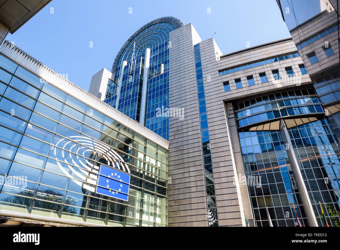 Low angle view of the western facade of the Paul-Henri Spaak building ...