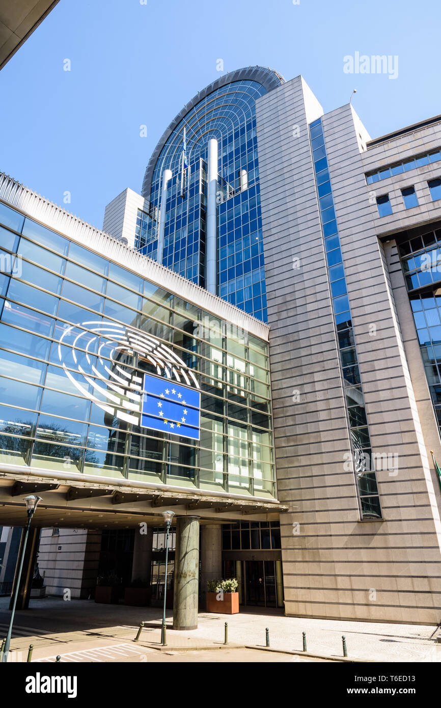Low angle view of the western facade of the Paul-Henri Spaak building ...