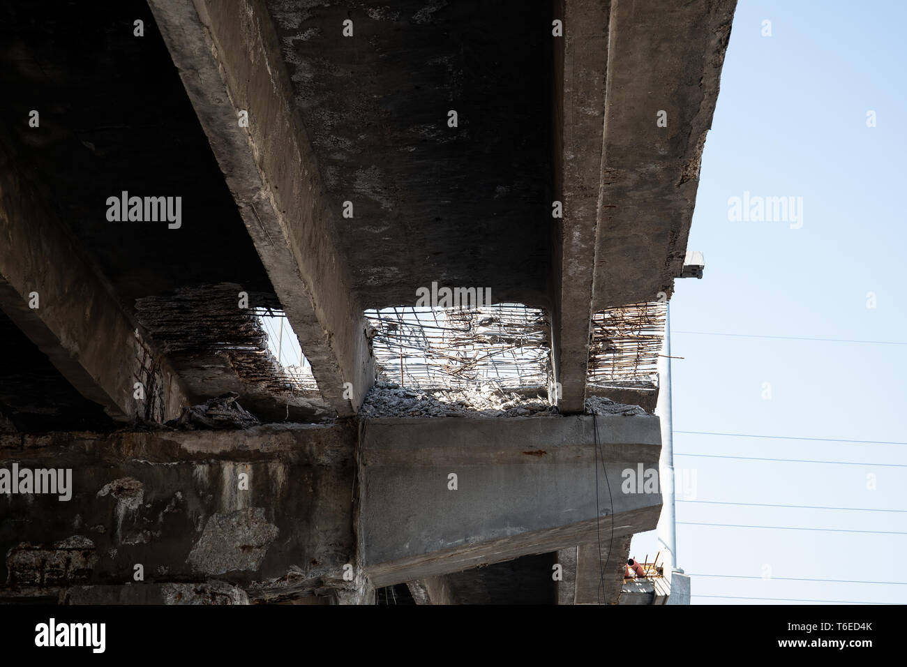 Damaged concrete structures. Bridge in bad and emergency condition ...