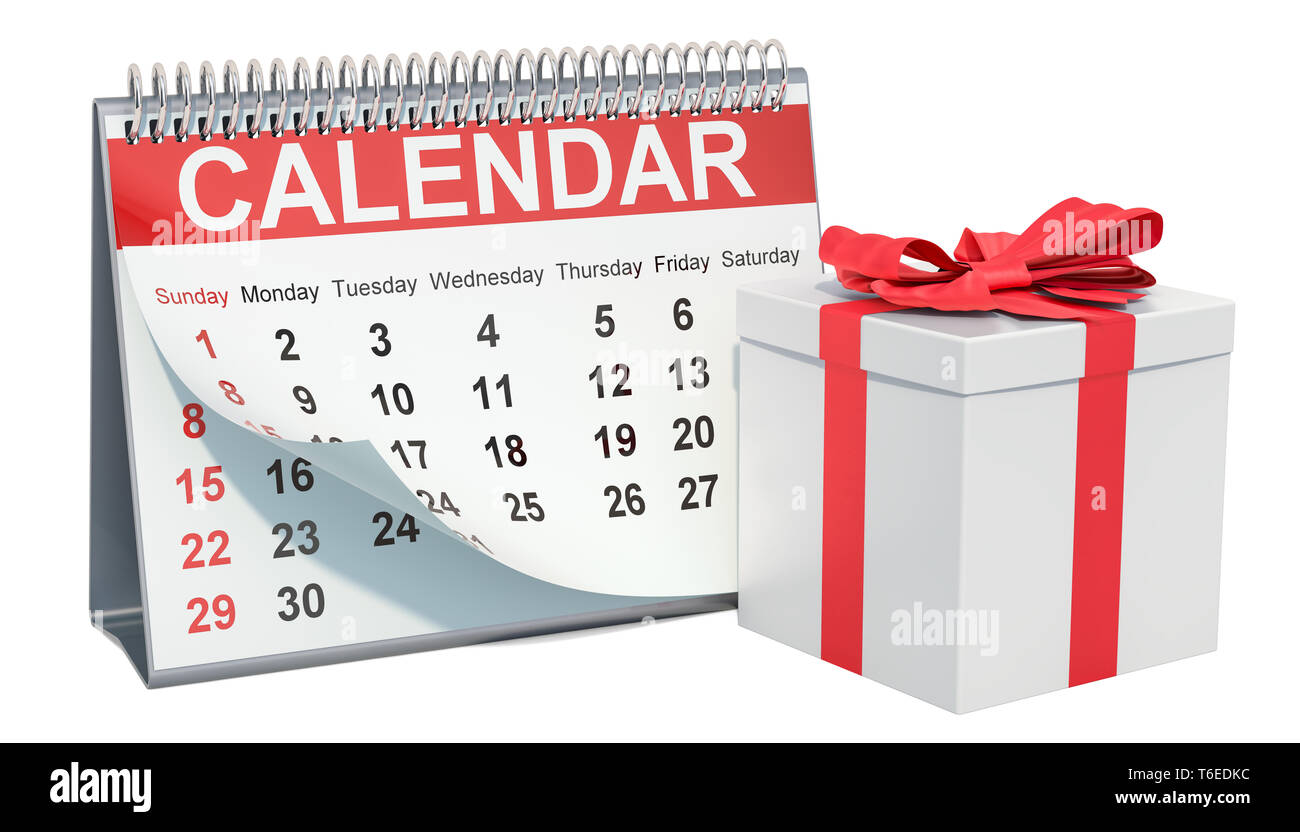 Desk calendar with gift box, 3D rendering isolated on white background ...