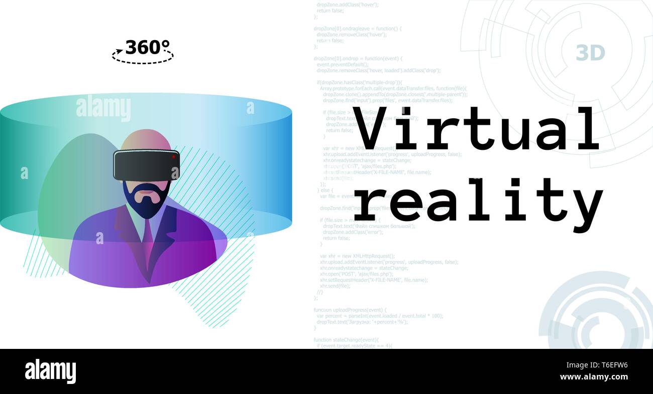 Man wearing virtual reality headset glasses. Vr interface world poster ...
