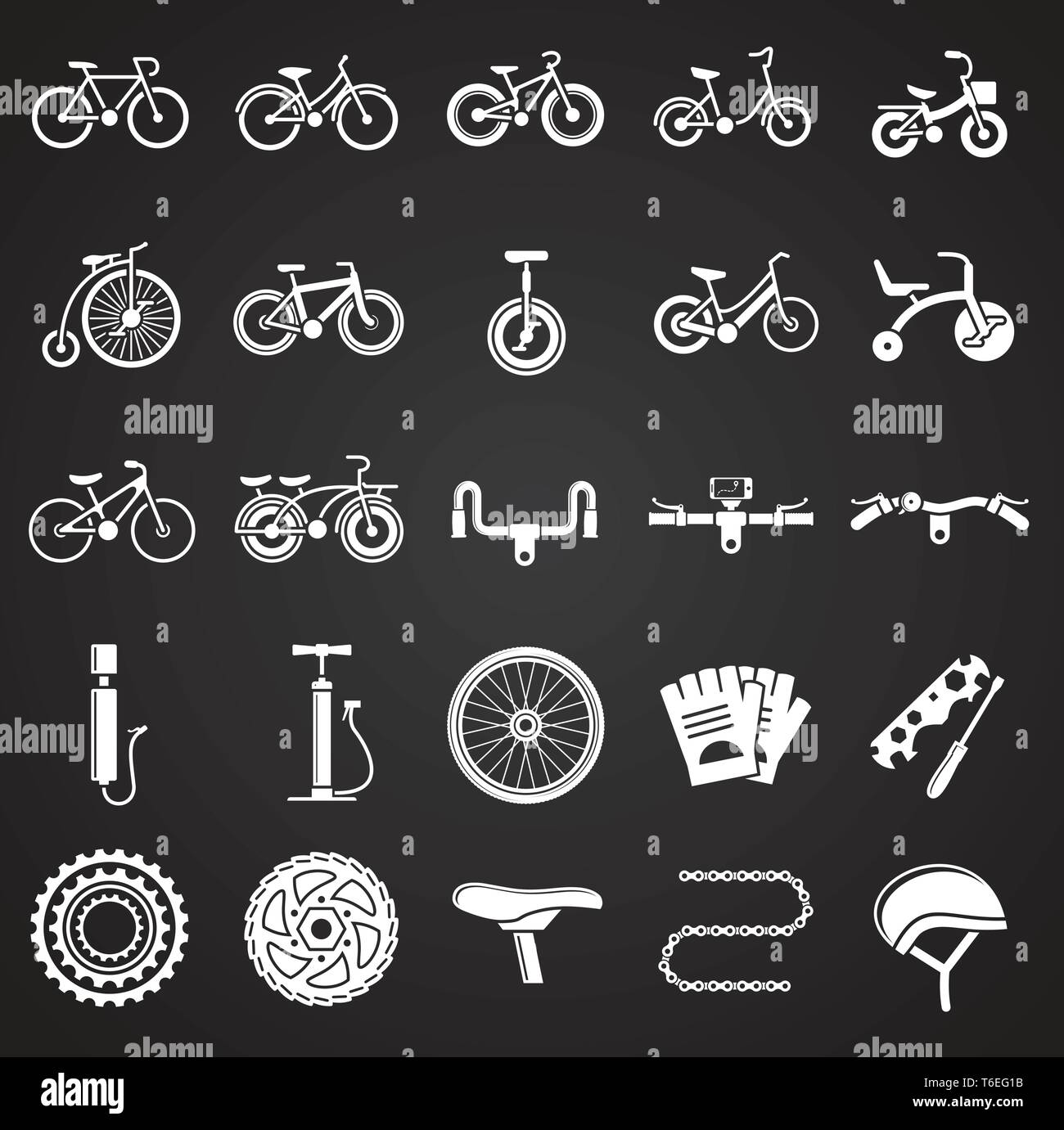 Bicycle related icons set on black background for graphic and web ...