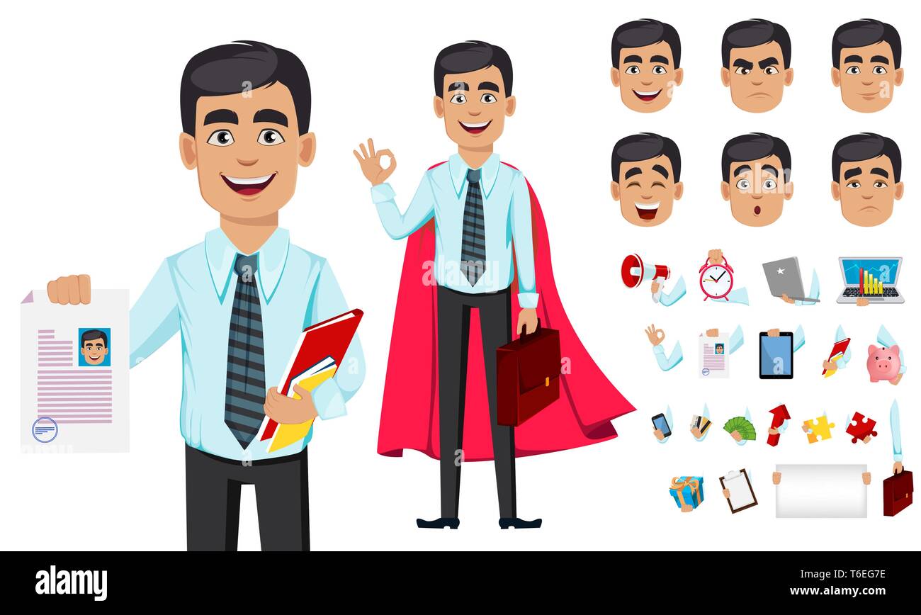 Concept of business man cartoon character. Pack of emotions, body parts ...