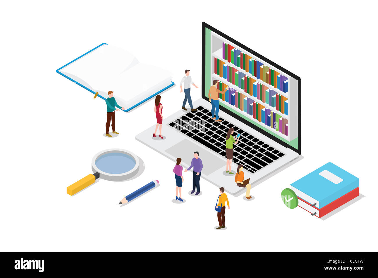 isometric 3d online reading concept with books or ebooks collection ...