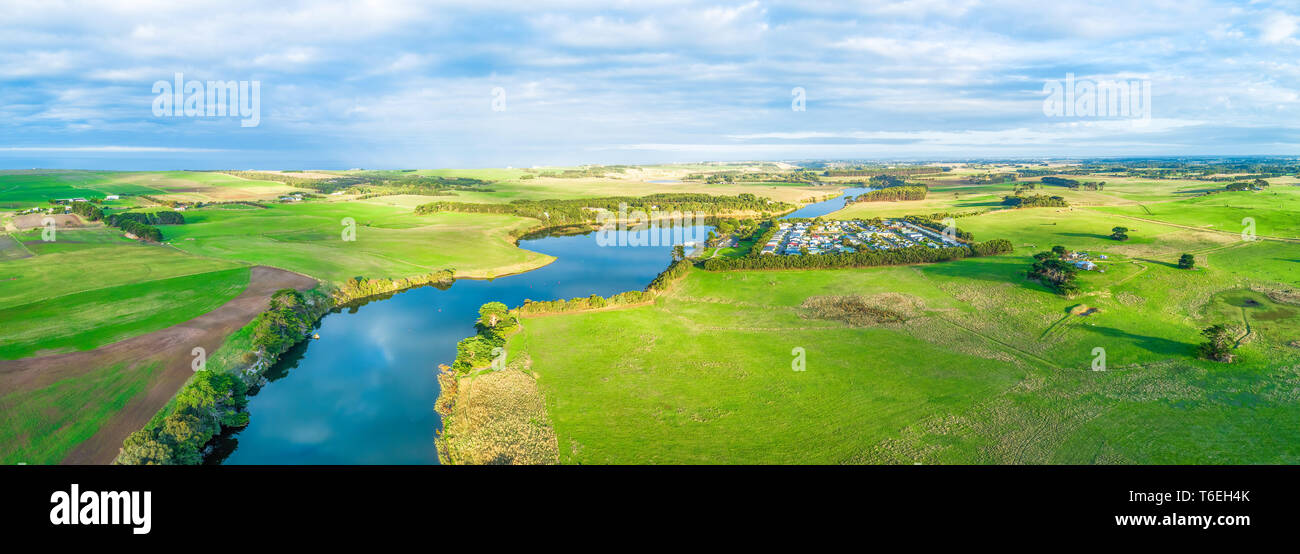 Hopkins River and scenic countryside - wide aerial panorama Stock Photo ...