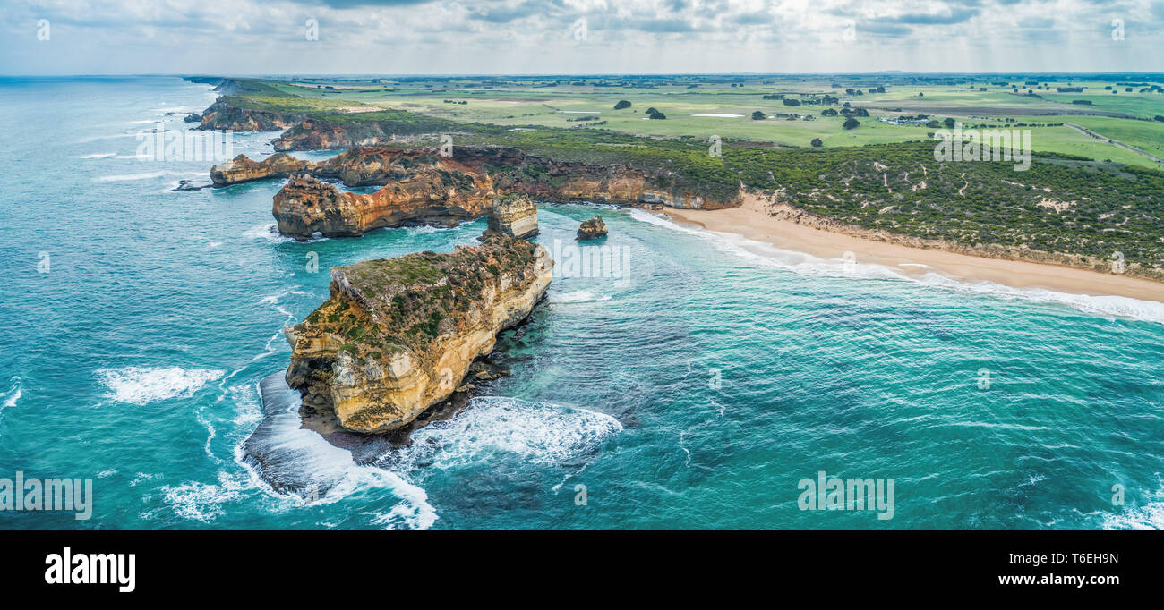 Aerial panoramic landscape of Great Ocean Road coastline in Victoria ...