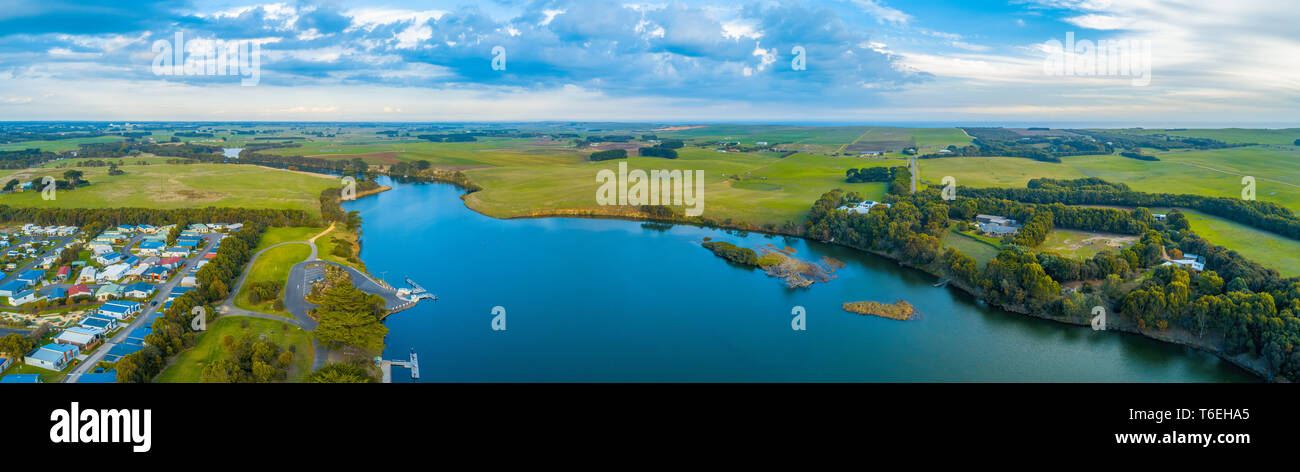 Hopkins River and grasslands - scenic aerial panorama. Warrnambool ...