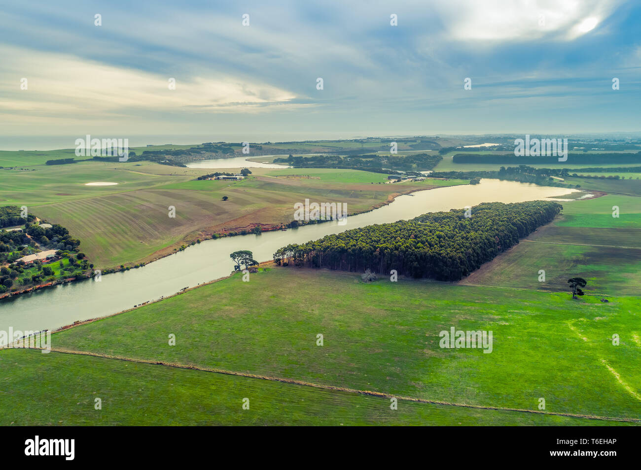 Aerial view of Hopkins River and grasslands near Warrnambool, Australia ...