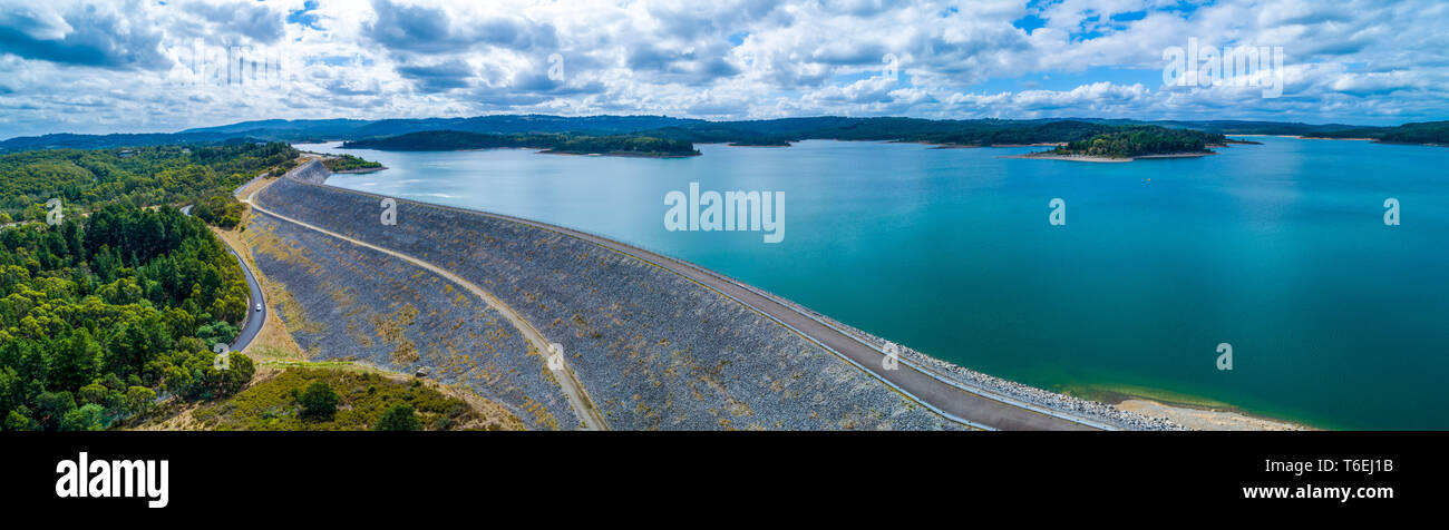 Scenic aerial panorama of Cardinia Reservoir lake and dam wall on ...