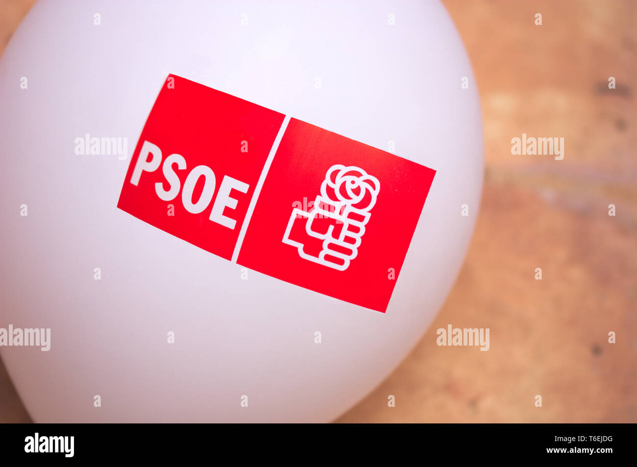 April, 2019. Spain. A white balloon with the symbol of the Spanish ...