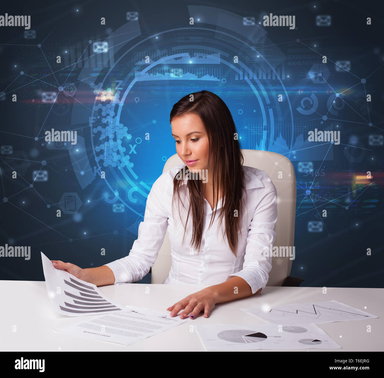 Manager in front of the office desk with connections and teamwork ...