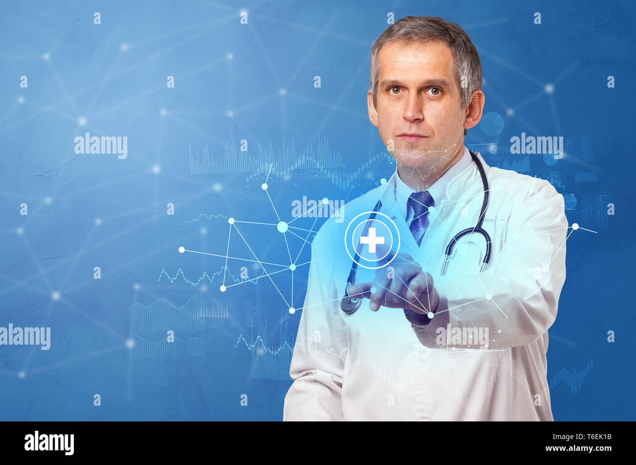 Doctor touching blue screen with virtual hospital concept Stock Photo ...