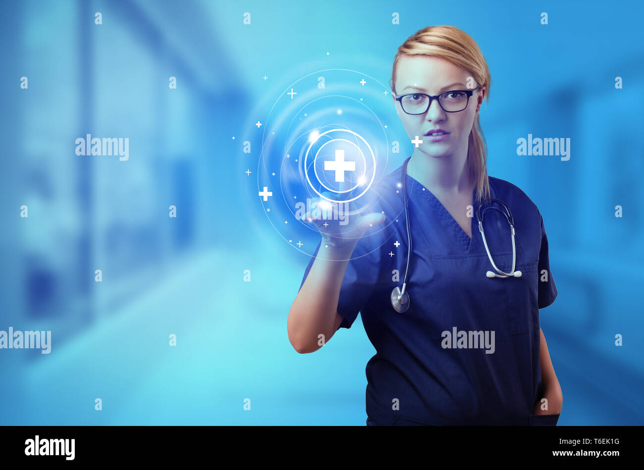 Doctor touching blue screen with call center concept Stock Photo - Alamy