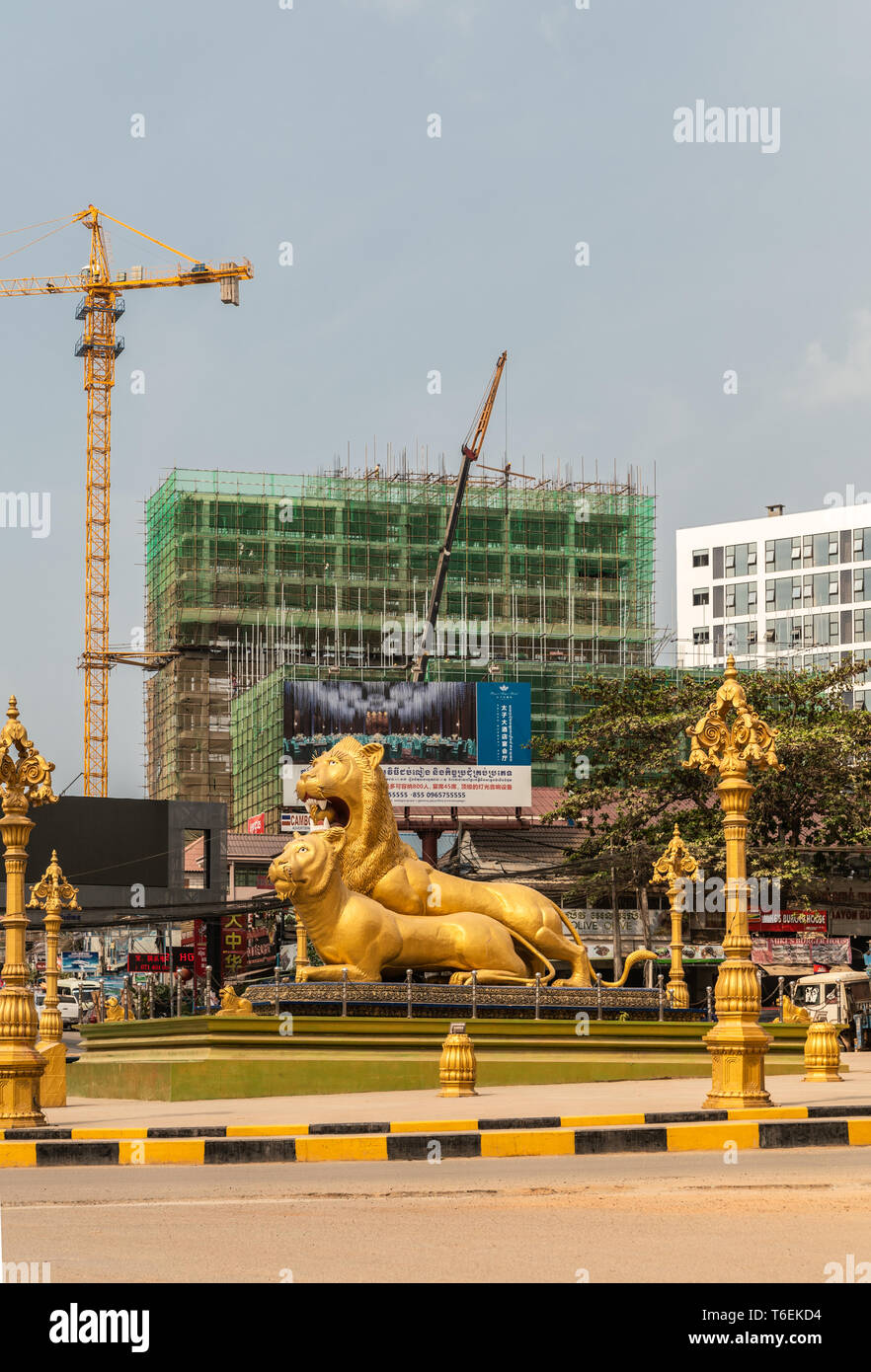 Sihanoukville, Cambodia - March 15, 2019: Golden Lions Roundabout ...