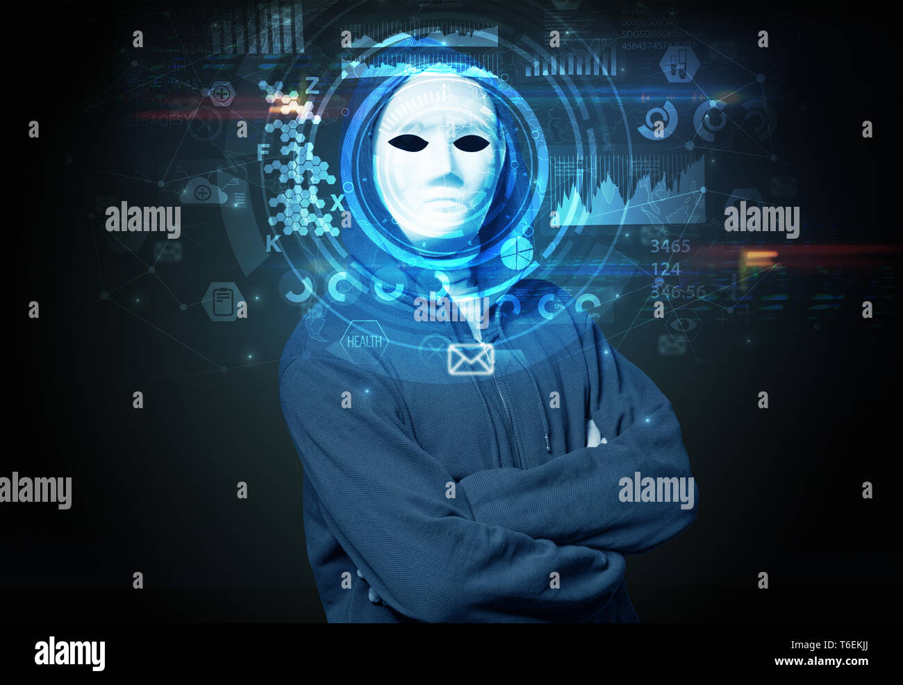 Facial recognition system. Young man on dark background, face ...