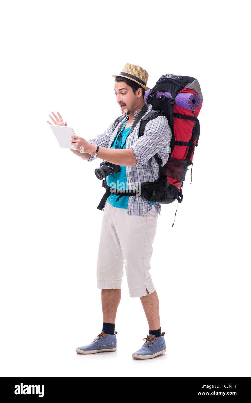 Man lost and looking for direction with map on white Stock Photo - Alamy