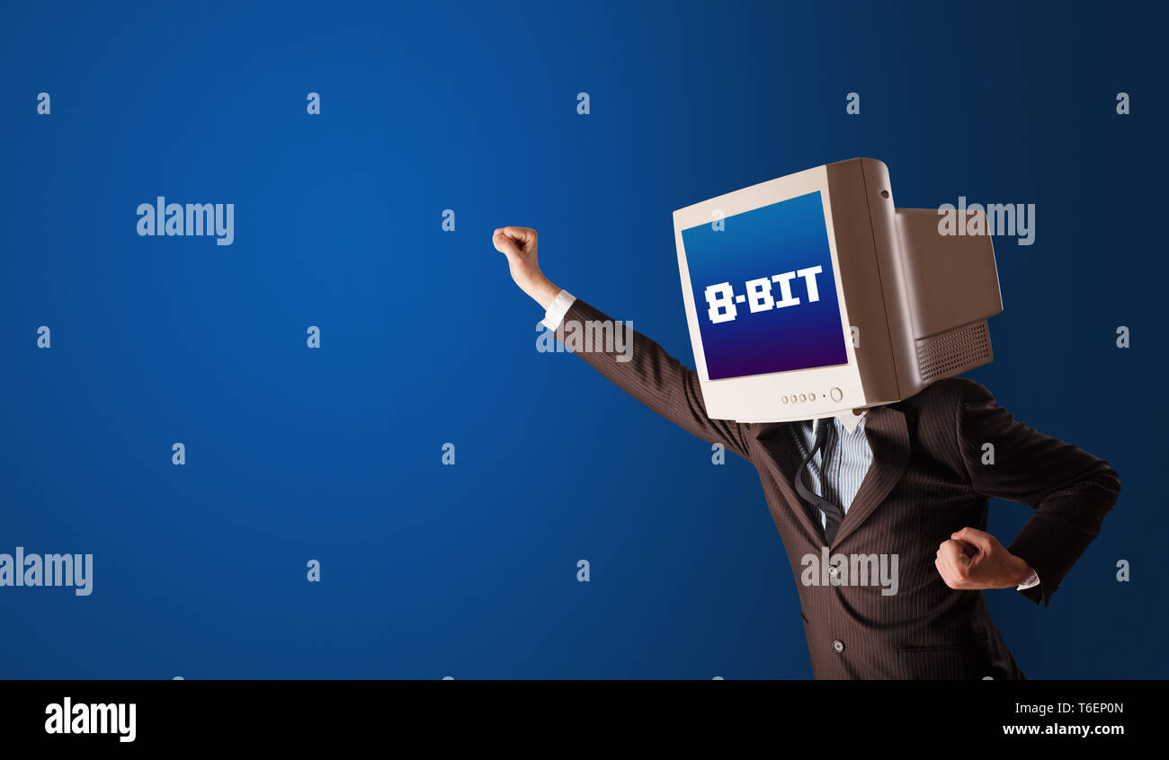 Young person with monitor head, old school 8-BIT concept Stock Photo ...