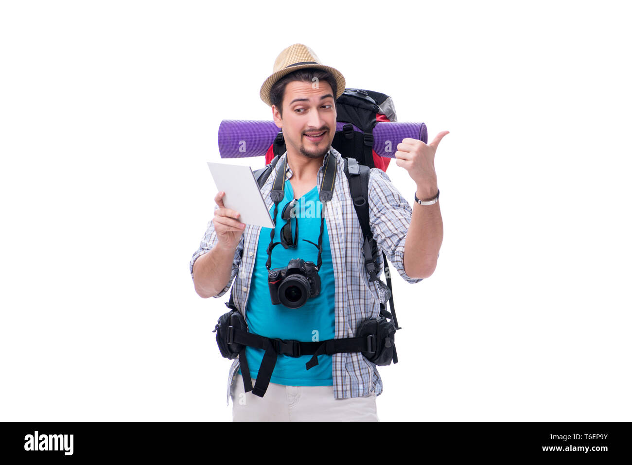 Man lost and looking for direction with map on white Stock Photo - Alamy