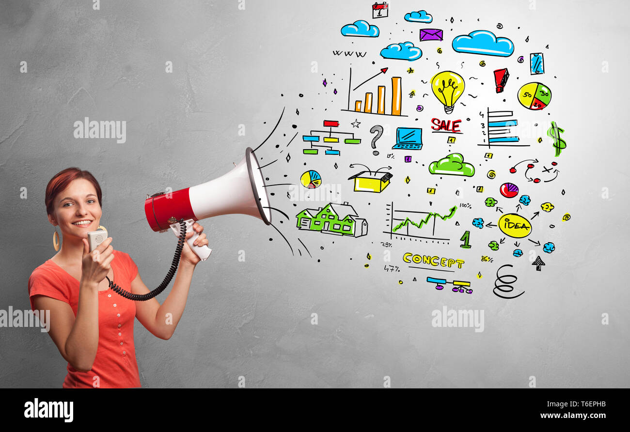 Person holding megaphone and yelling office concept Stock Photo - Alamy