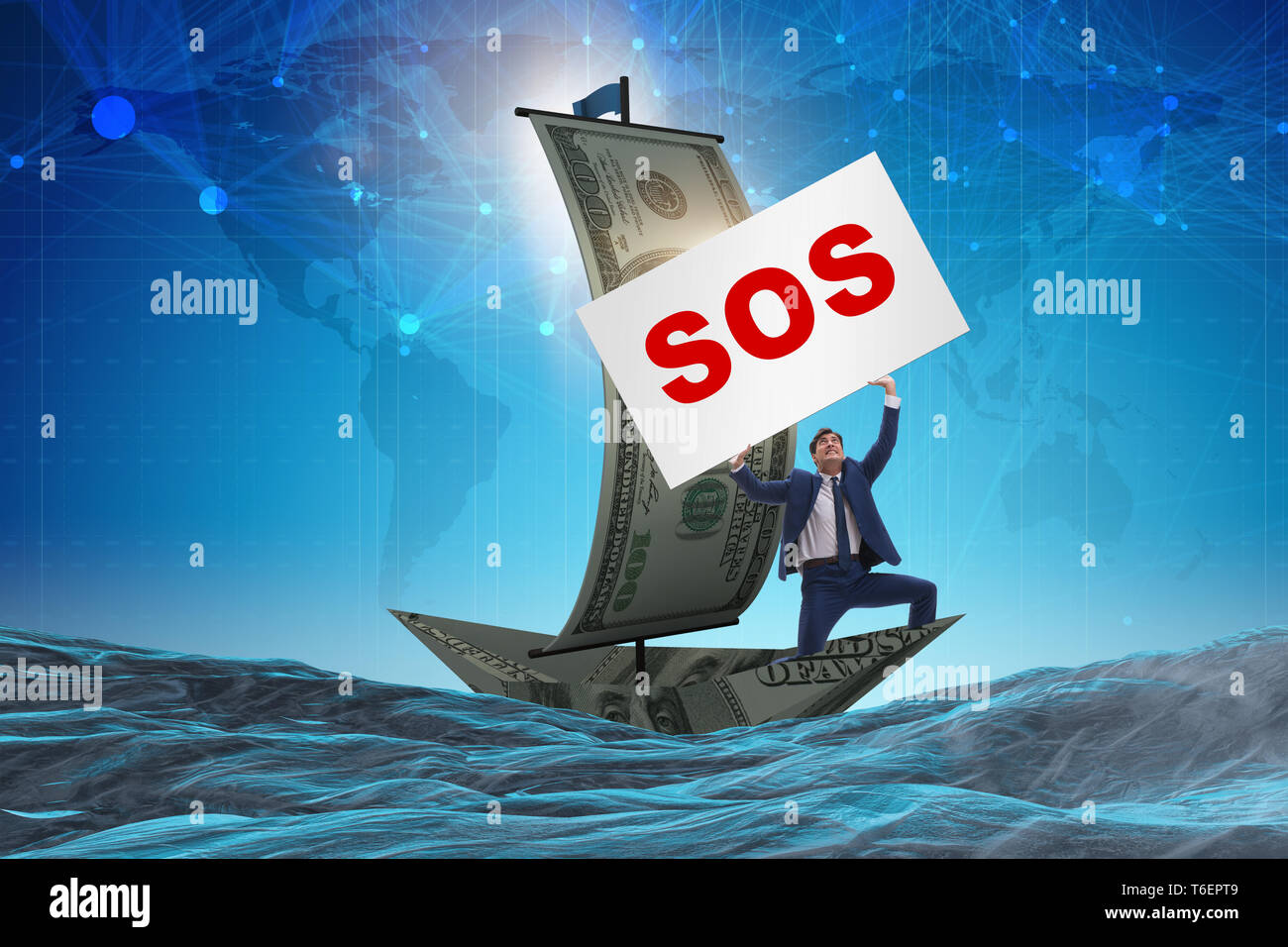 Businessman asking for help with SOS message on boat Stock Photo - Alamy