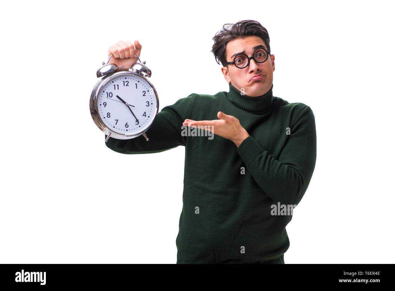 Nerd young money with giant clock isolated on white Stock Photo - Alamy