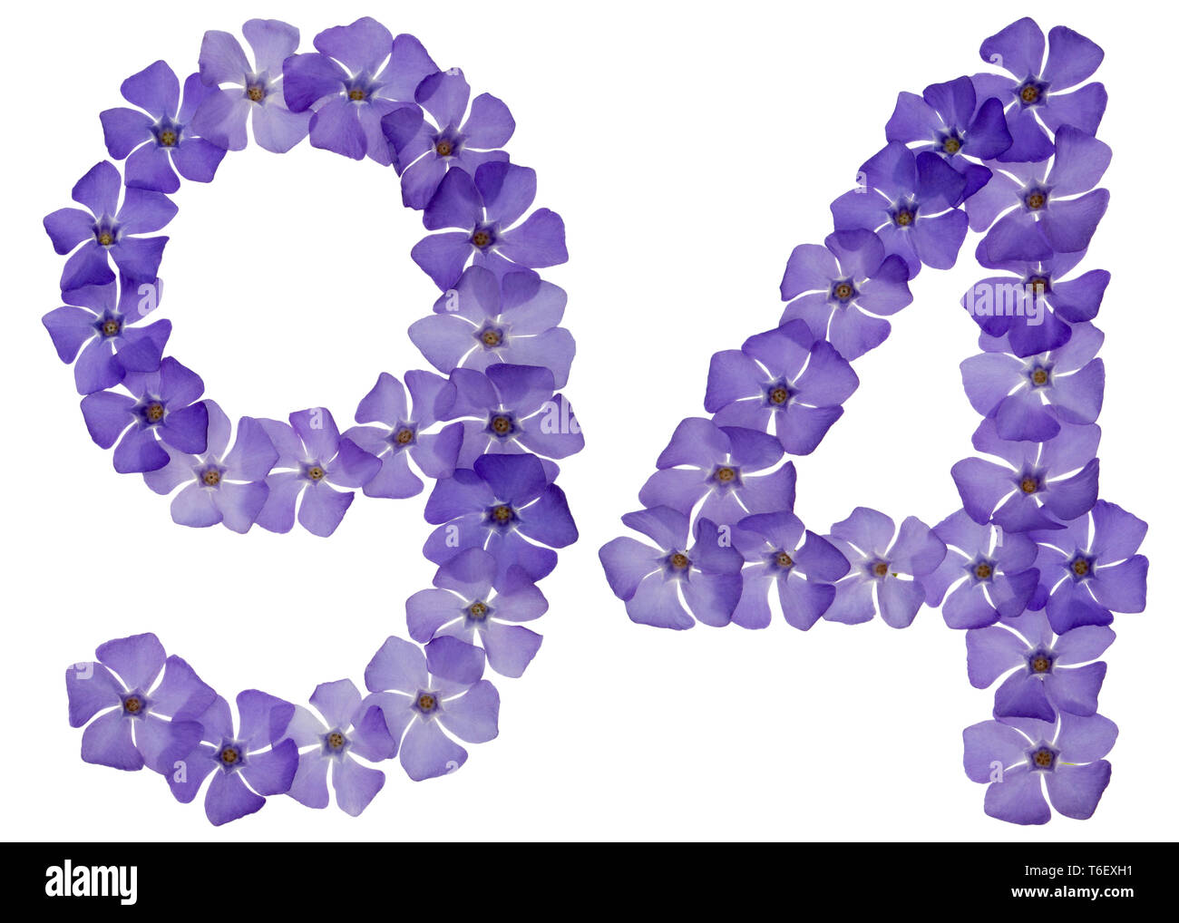Numeral 94, ninety four, from natural blue flowers of periwinkle ...