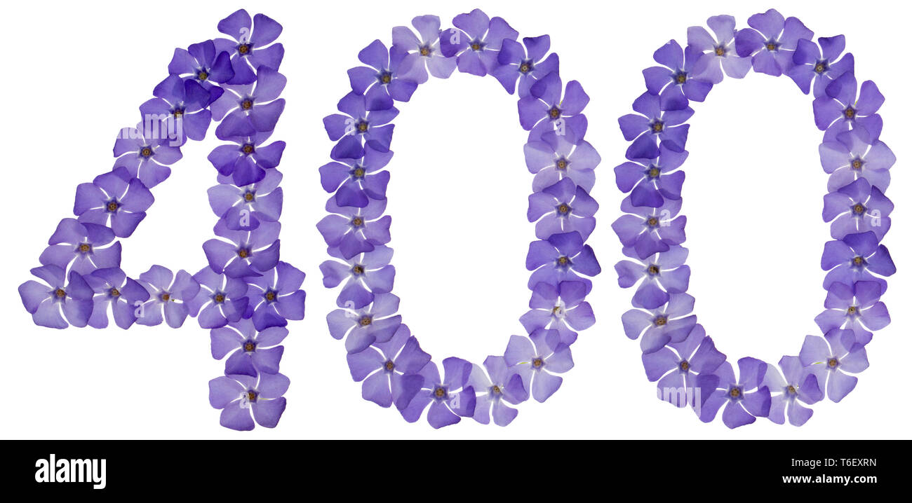 Numeral 400, four hundred, from natural blue flowers of periwinkle ...